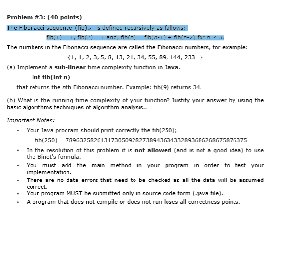 Solved Problem 3 40 Points The Fibonacci Sequence Fib 2227