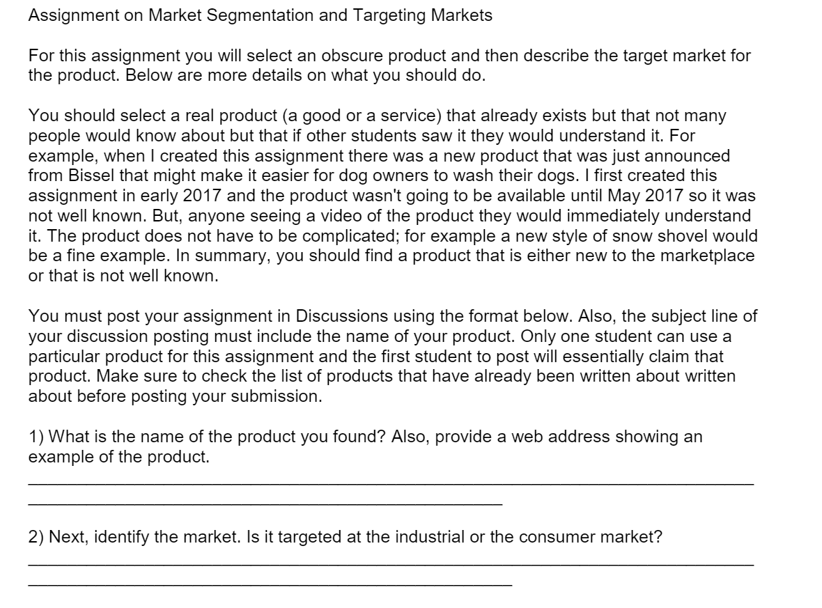 Solved Assignment on Market Segmentation and Targeting | Chegg.com