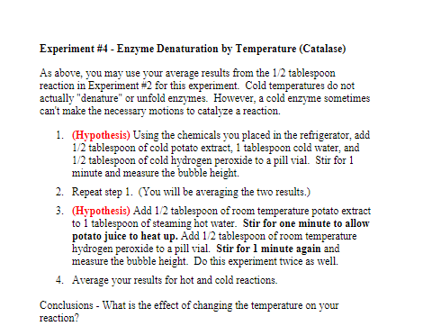 Experiment #4 - Enzyme Denaturation by Temperature | Chegg.com