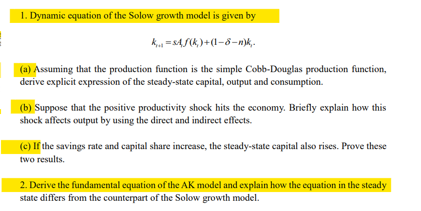 Solved 1. Dynamic equation of the Solow growth model is | Chegg.com