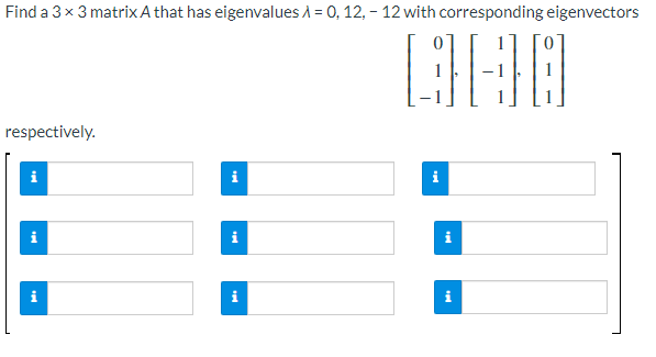 Solved Find a 3 x 3 matrix A that has eigenvalues λ = 0, 12, | Chegg.com