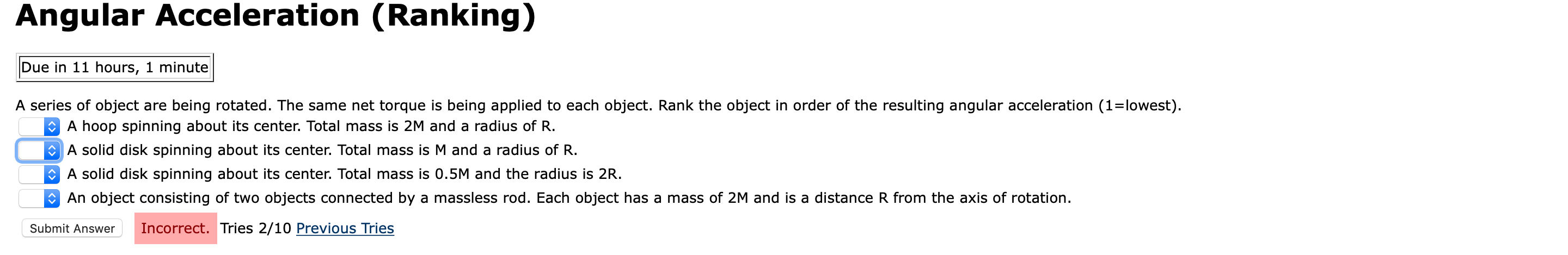 Solved Angular Acceleration (Ranking) Due in 11 hours, 1 | Chegg.com