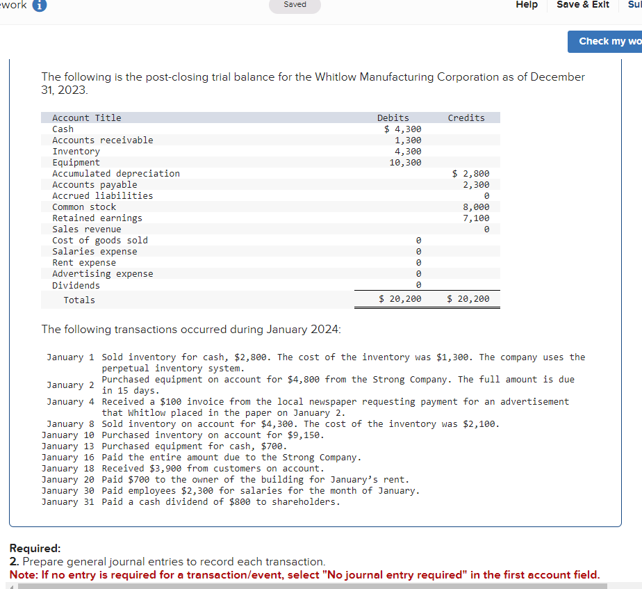 Solved The following is the post-closing trial balance for | Chegg.com