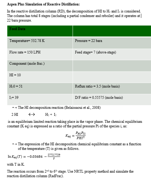 Solved Aspen Plus Simulation of Reactive Distillation: In | Chegg.com