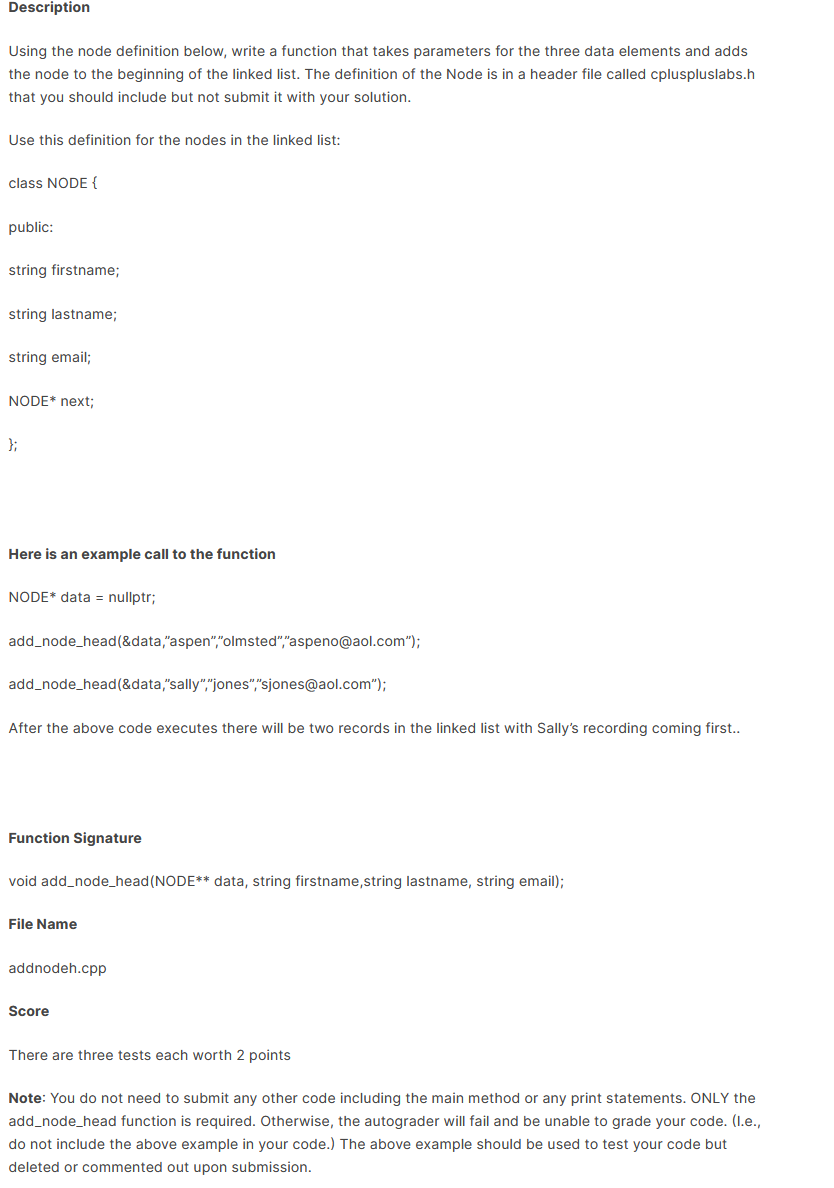 Add Node Head Function Please read the task | Chegg.com