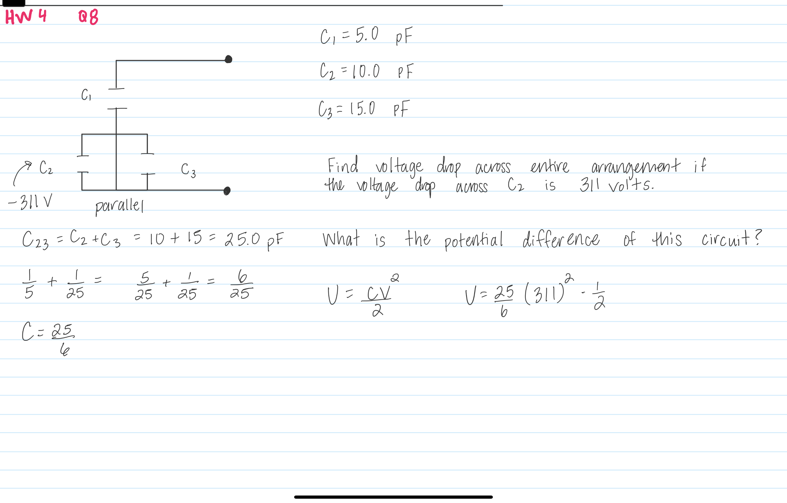 Solved HW 4 Q8 C1=5.0pFC2=10.0PFC3=15.0PF Find voltage drop | Chegg.com