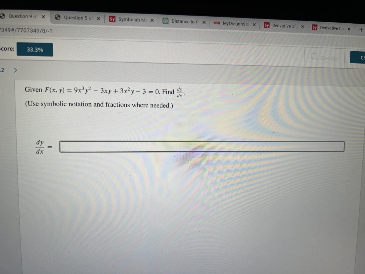 Solved Given F(x,y)=9x3y2−3xy+3x2y−3=0. Find dxdy. (Use | Chegg.com