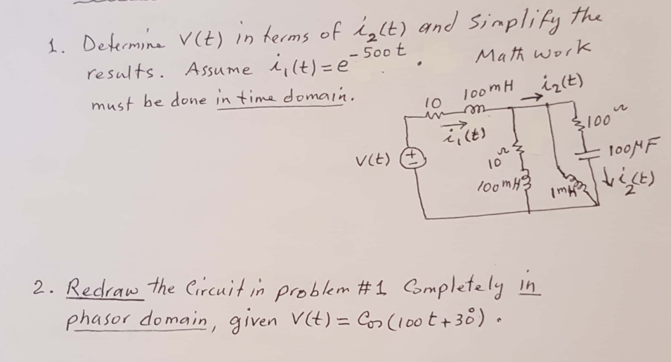 Solved - - 500t 1. Determine V (t) in terms of laht) and | Chegg.com