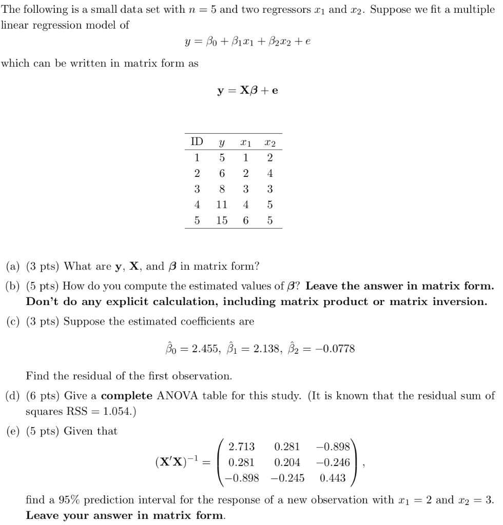 Solved The following is a small data set with n = 5 and two | Chegg.com