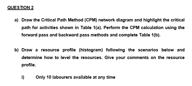 Solved QUESTION 2 a) Draw the Critical Path Method (CPM) | Chegg.com