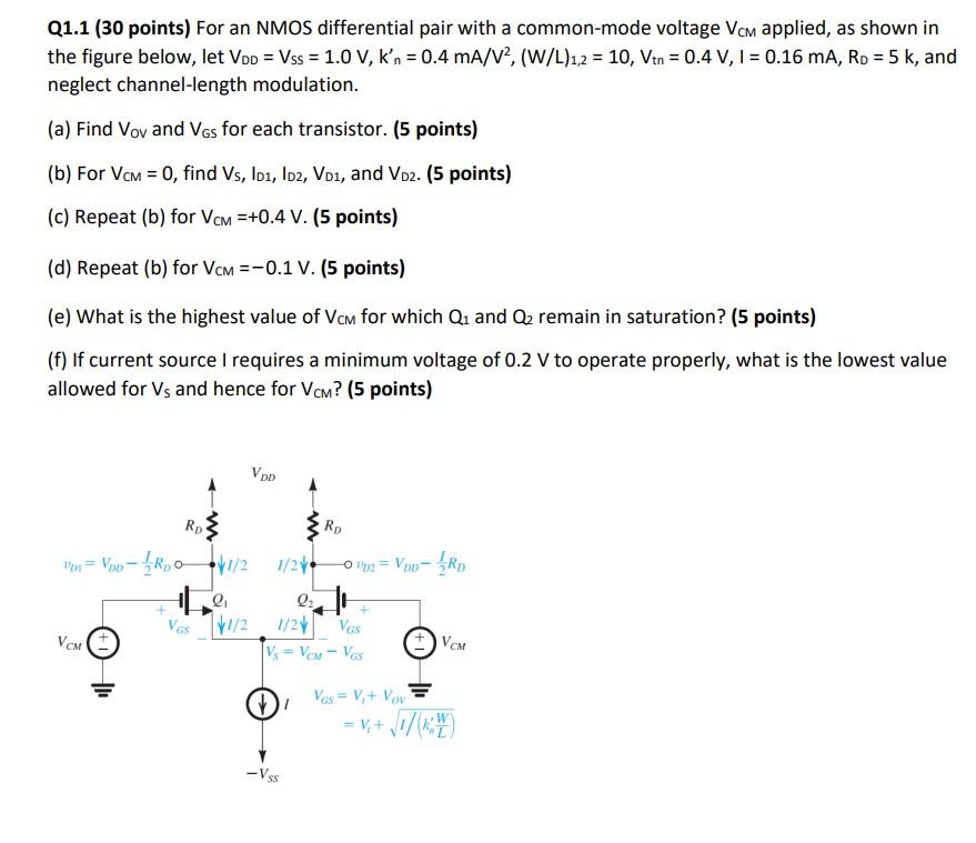 Solved Q1.1 (30 points) For an NMOS differential pair with a | Chegg.com