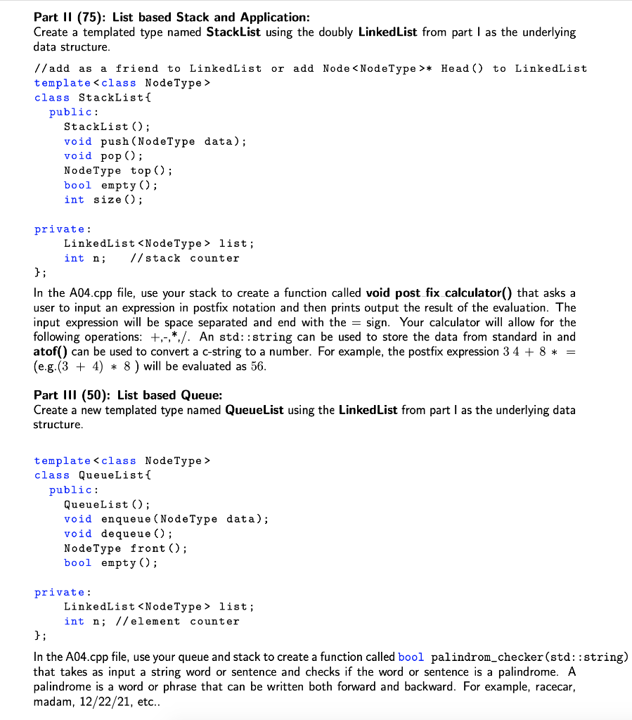 Solved Part I (75): Assignment Description: A Linked List: | Chegg.com