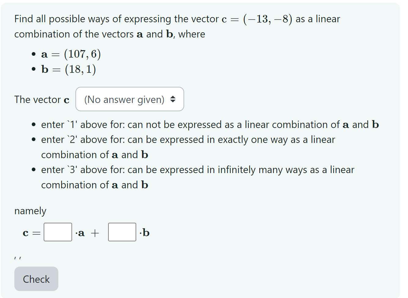 Solved Find all possible ways of expressing the vector | Chegg.com