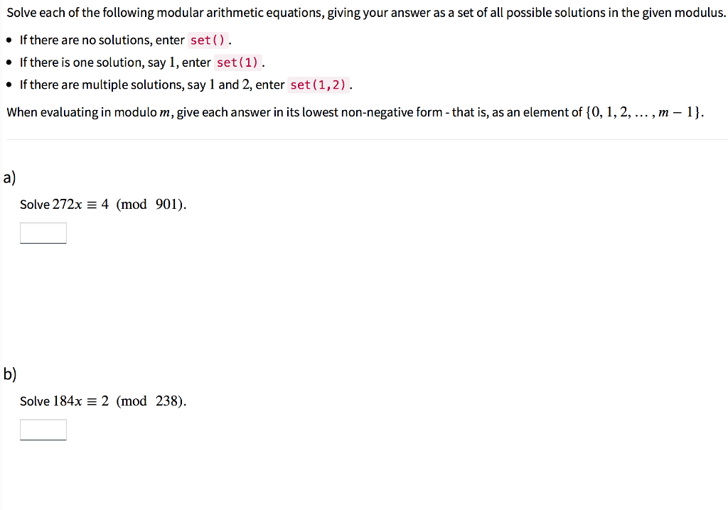 Solved Solve each of the following modular arithmetic | Chegg.com