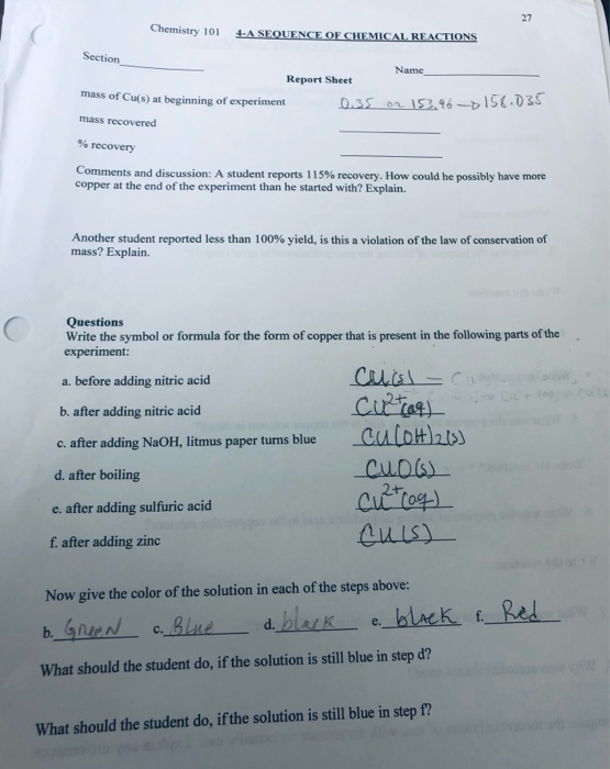 Solved 27 Chemi istry 101 4-ASEQUENCE OF CHEMICAL REACTIONS | Chegg.com
