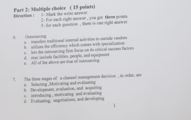 Solved Part 2: Multiple choice ( 15 points) Direction : 1- | Chegg.com