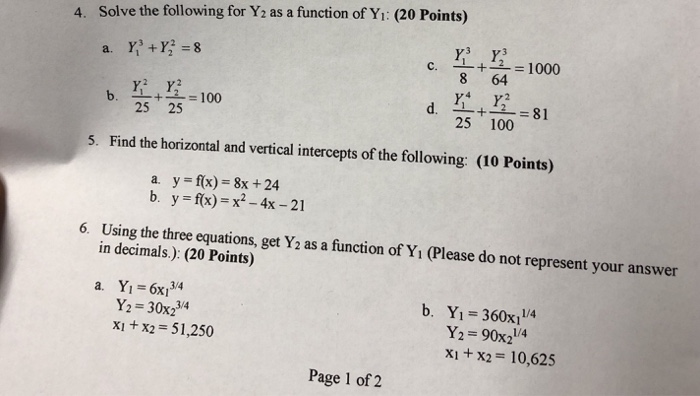 Solved 4. Solve the following for Y2 as a function of Y1: | Chegg.com