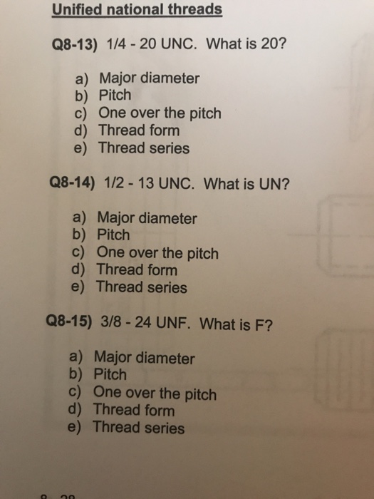 Solved Unified national threads Q8-13) 1/4 - 20 UNC. What is | Chegg.com