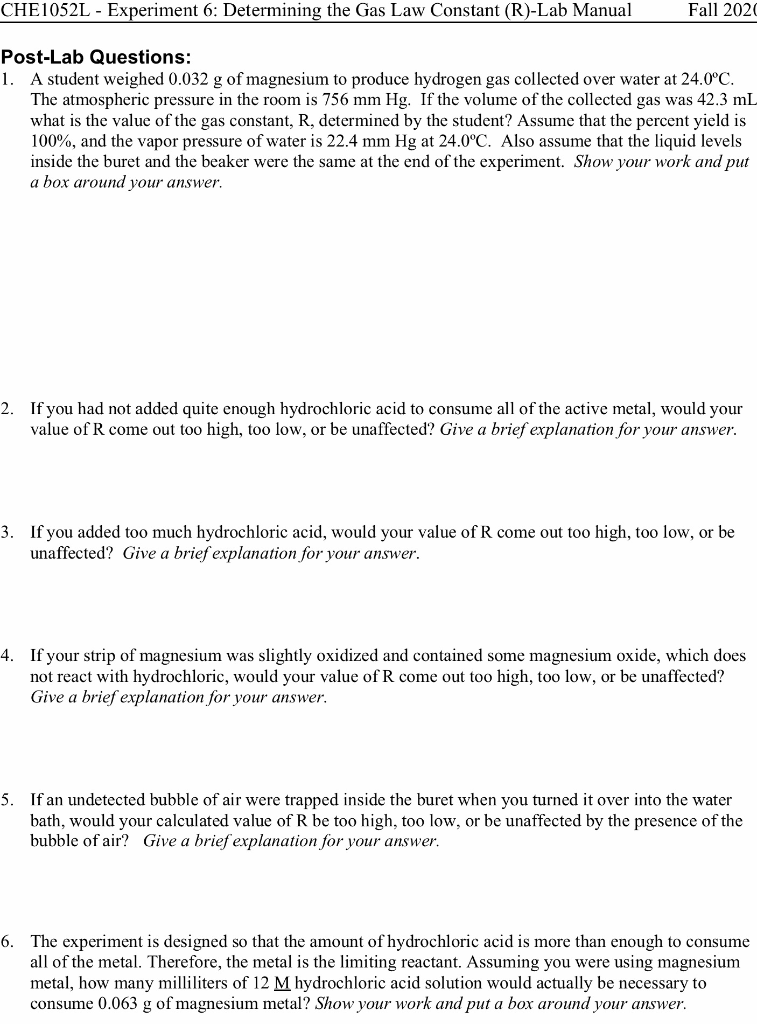 Solved CHE1052L - Experiment 6: Determining the Gas Law | Chegg.com