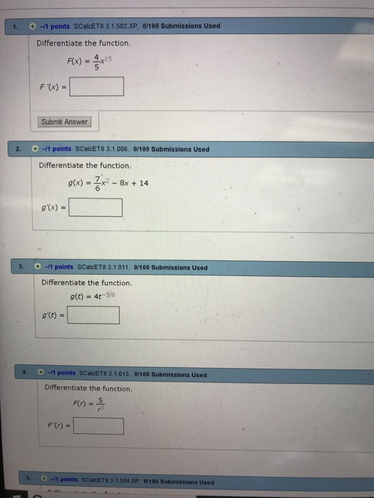 Solved 1. -1 points SCalcET8 3.1.502 .XP, 0100 Submissions | Chegg.com