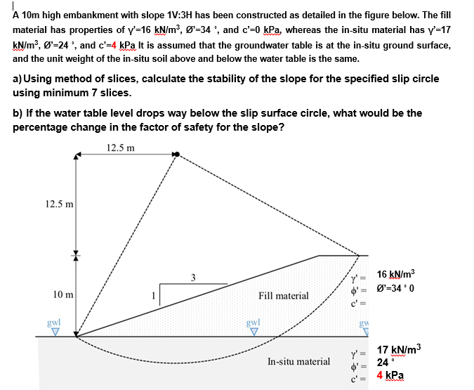 Solved A 10m high embankment with slope 1V:3H has been | Chegg.com