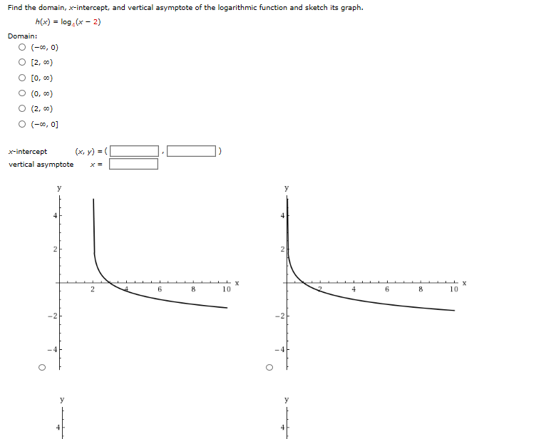 Solved Find the domain, x-intercept, and vertical asymptote | Chegg.com