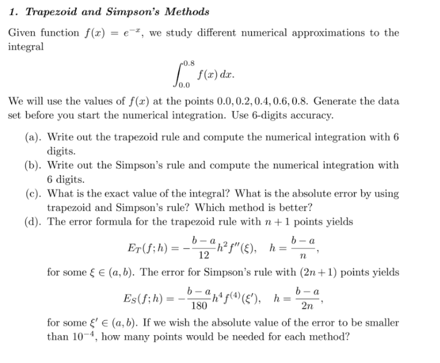 Solved 1. Trapezoid and Simpson's Methods Given function | Chegg.com