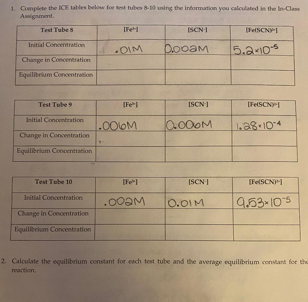Solved 1. Complete the ICE tables below for test tubes 8-10 | Chegg.com