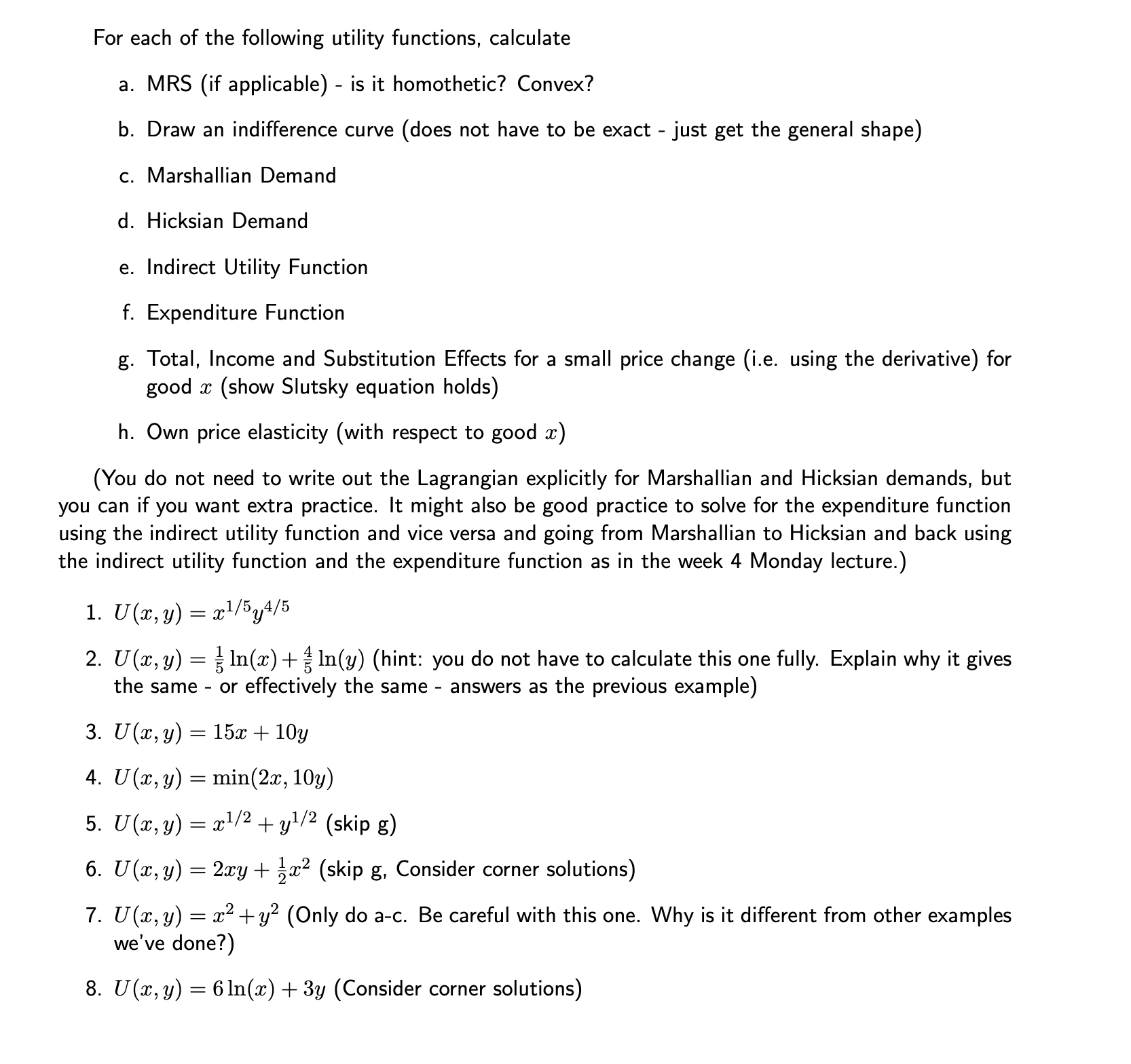 Solved For each of the following utility functions, | Chegg.com