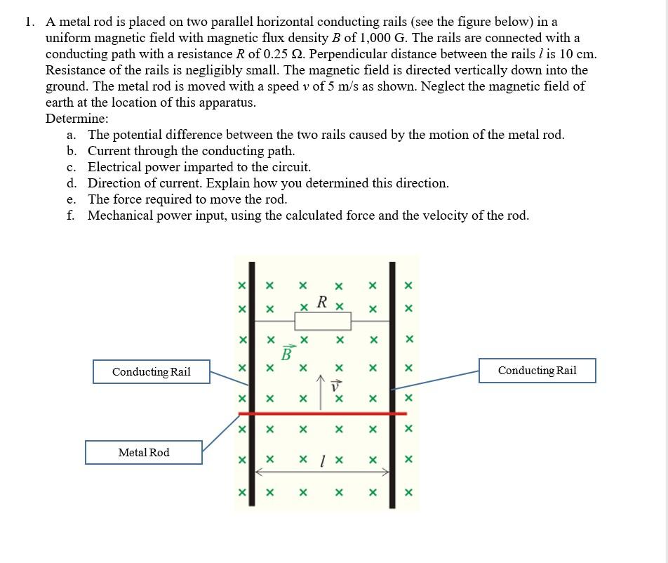 Solved 1. A metal rod is placed on two parallel horizontal | Chegg.com