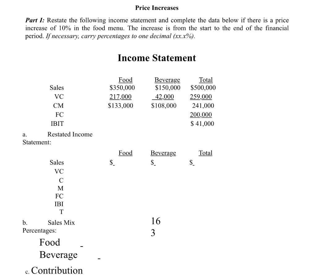 Solved Price Increases Part I: Restate the following income | Chegg.com