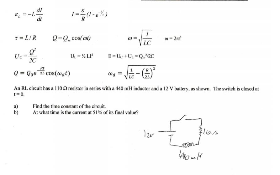 Solved t = L/R t=L/R Q=2, cos(en) "=V70=2af 0 = 2ttf UL = | Chegg.com