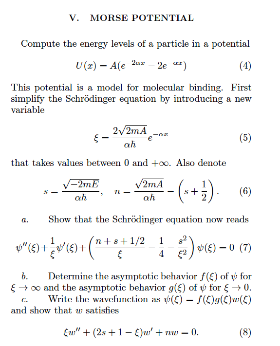 Solved V. MORSE POTENTIAL Compute the energy levels of a | Chegg.com