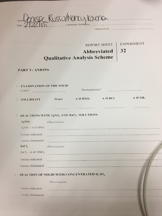 L aboratory Instrel tor Unknown o REPORT SHEET | Chegg.com