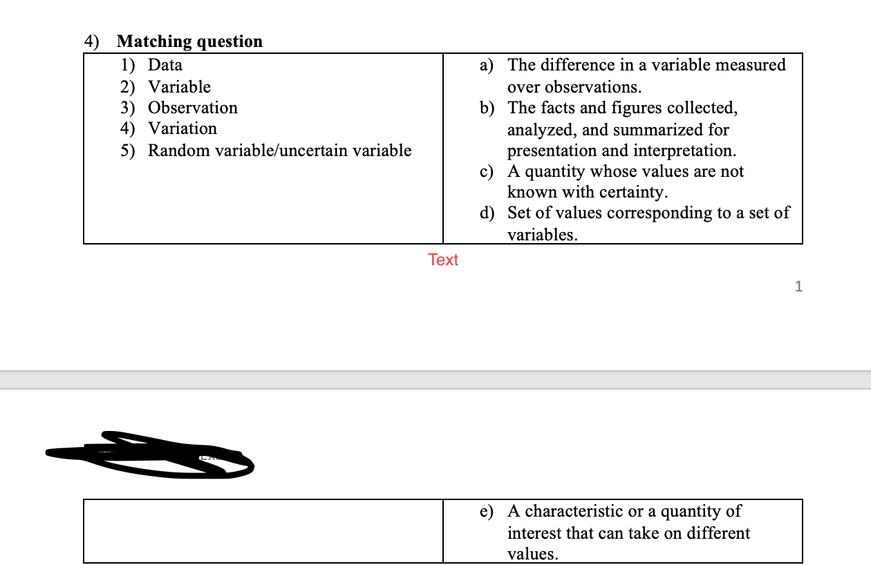 Solved 4) Matching question 1) Data 2) Variable 3) | Chegg.com