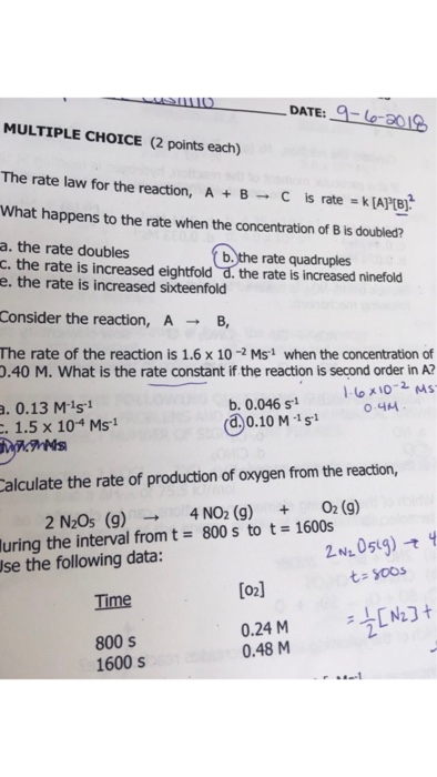 Solved DATE:-o301S MULTIPLE CHOICE (2 points each) rate law | Chegg.com