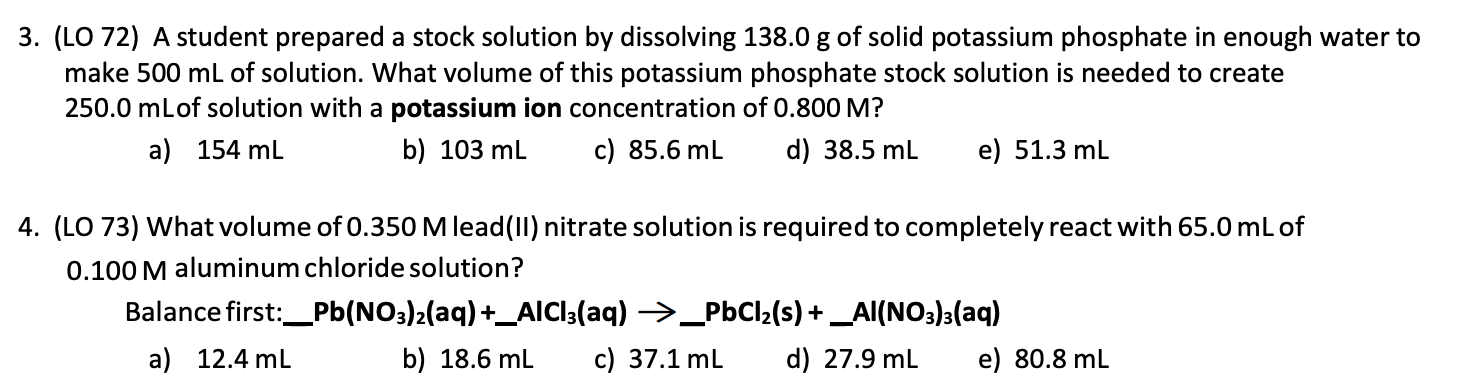 Solved 3. (LO 72) A student prepared a stock solution by | Chegg.com