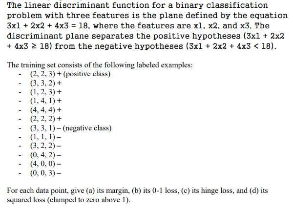 Solved The linear discriminant function for a binary | Chegg.com