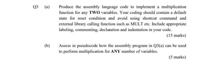 Solved Q3 (a) Produce the assembly language code to | Chegg.com