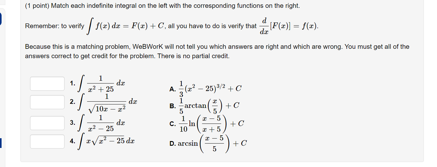 Solved Match each indefinite integral on the left with the | Chegg.com