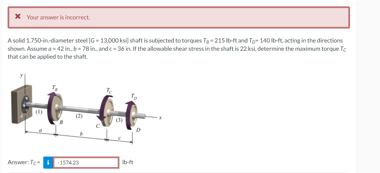 Solved A solid 1.750-in.-diameter steel [G=13,000ksi] shaft | Chegg.com