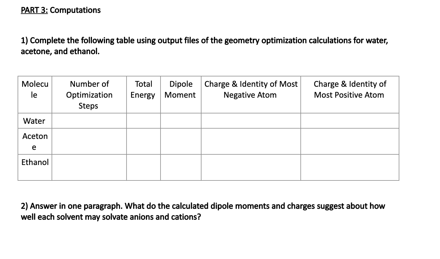 Part 3 Computations 1 Complete The Following Table 
