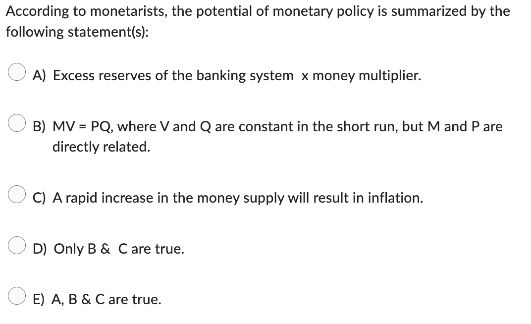 Solved According to monetarists, the potential of monetary | Chegg.com