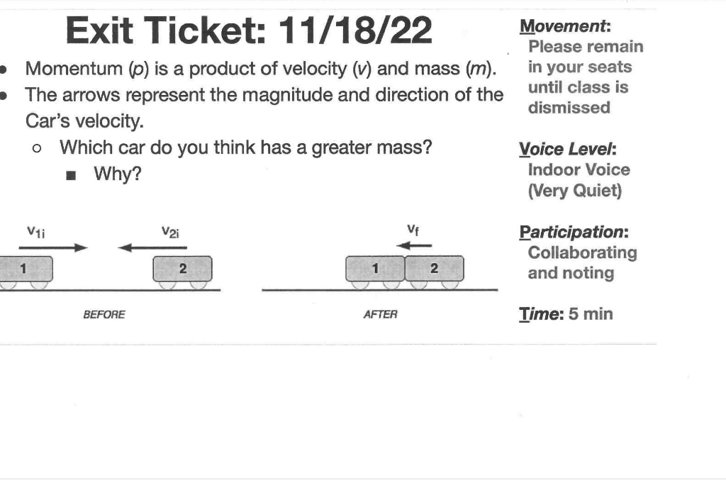Solved Exit Ticket: 11/18/22 Momentum (p) is a product of | Chegg.com