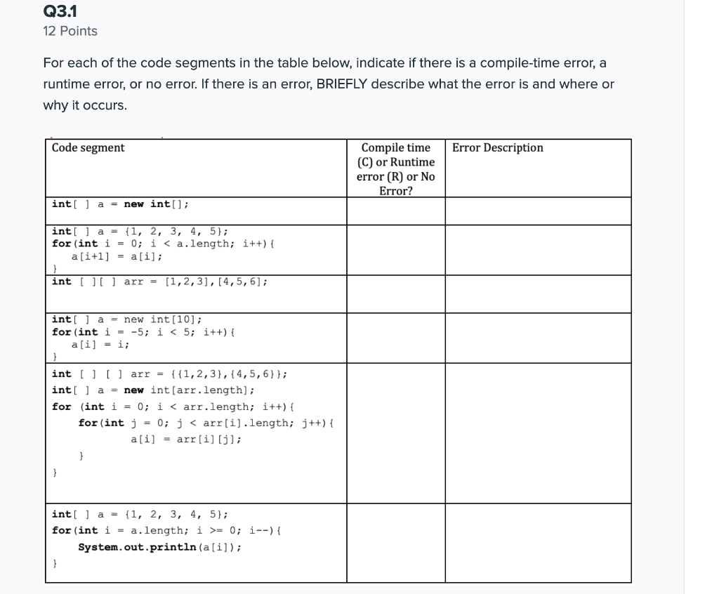 Solved Q3.1 12 Points For each of the code segments in the | Chegg.com