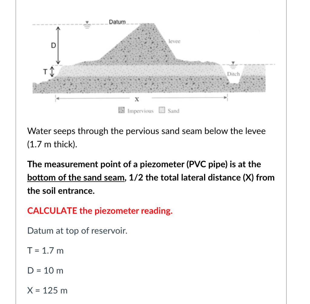 Solved Datum levee D T 1 Ditch X Impervious Sand Water seeps | Chegg.com