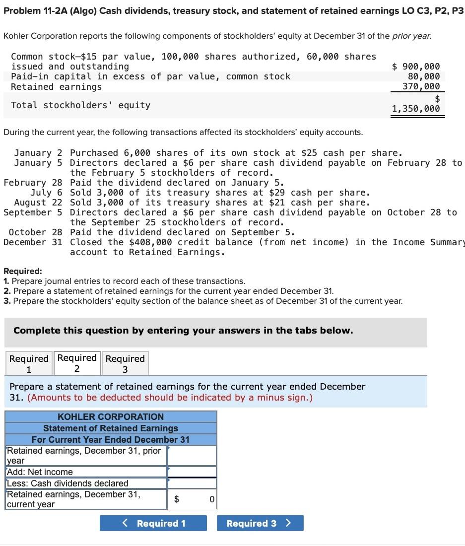 Solved Problem 11-2A (Algo) Cash dividends, treasury stock, | Chegg.com