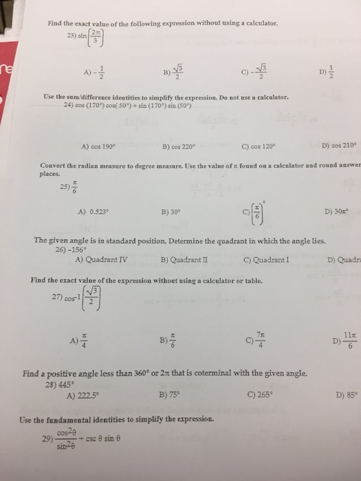 Solved Find the exact value of the following expression | Chegg.com