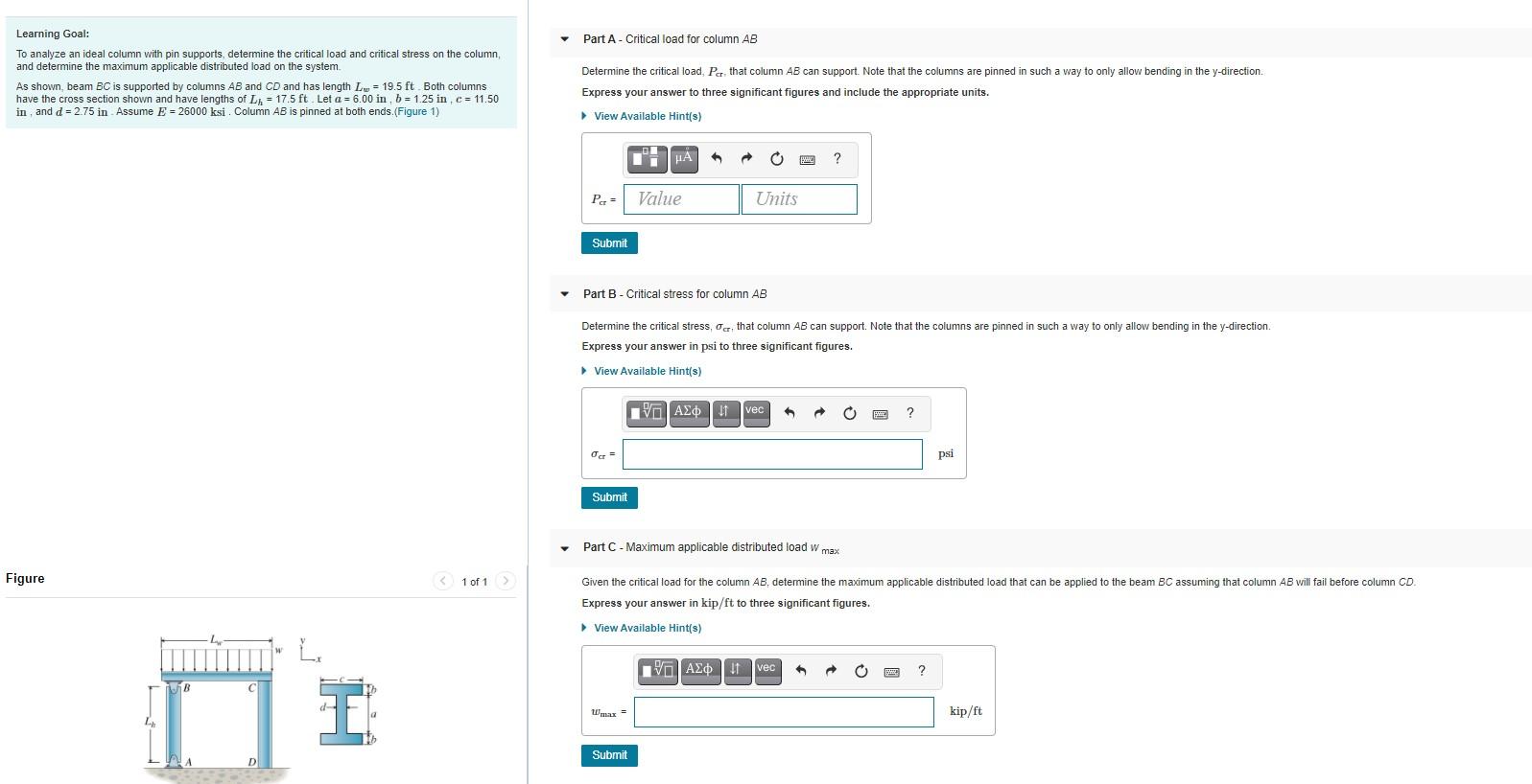 Solved Part A - Critical load for column AB Learning Goal: | Chegg.com