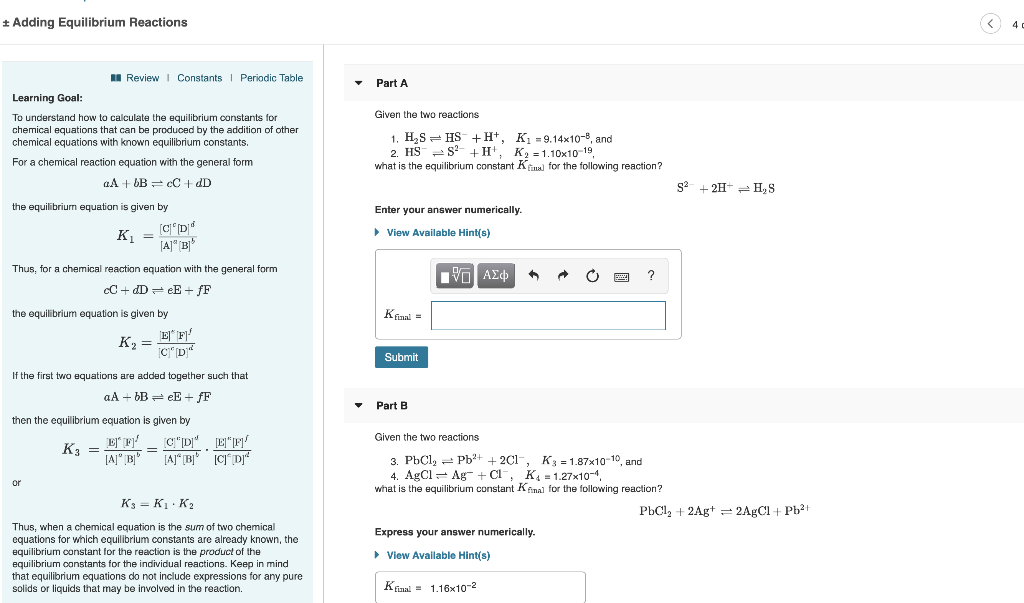 Solved + Adding Equilibrium Reactions Part A Given the two | Chegg.com